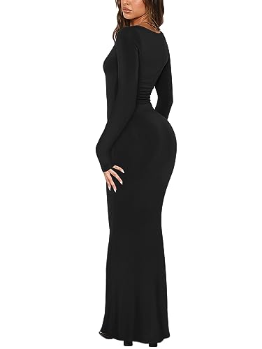 REORIA Women's Sexy Casual V Neck Long Sleeve Lounge Long Dress Elegant Fall Wedding Guest Tight Ribbed Bodycon Maxi Dresses Black Large