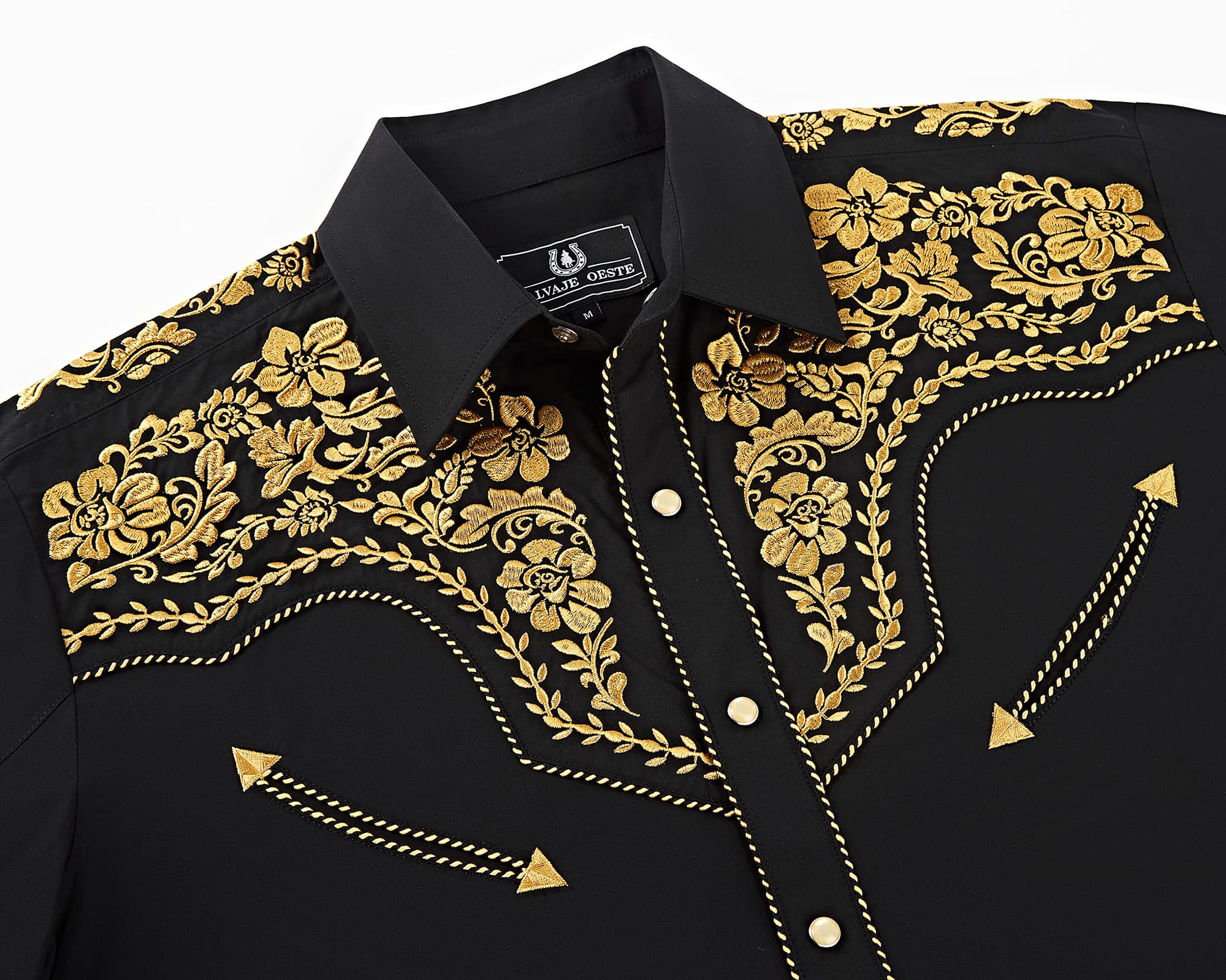 SALVAJE OESTE Embroidered Western Cowboy Shirts for Men Snap Button Long Sleeve Shirt with Western Cowboy Embroidery Black-Yellow