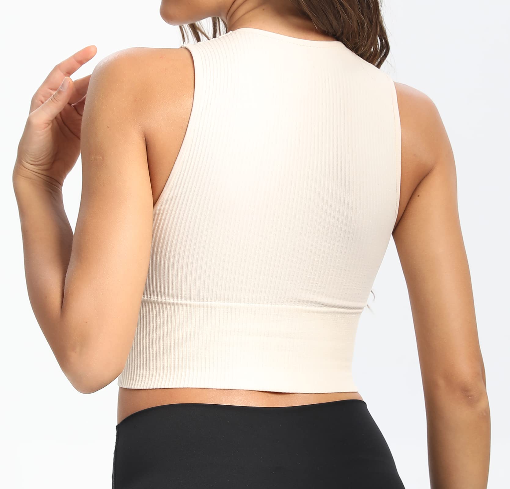 Venbond Women's Sexy Sleeveless Seamless Crop Top Deep Plunge V Neck Ribbed Tank Top with Removable Pads (Light Nude, M)