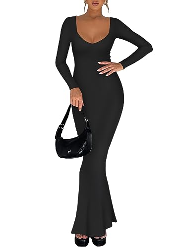 REORIA Women's Sexy Casual V Neck Long Sleeve Lounge Long Dress Elegant Fall Wedding Guest Tight Ribbed Bodycon Maxi Dresses Black Large