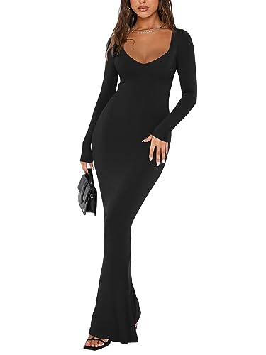 REORIA Women's Sexy Casual V Neck Long Sleeve Lounge Long Dress Elegant Fall Wedding Guest Tight Ribbed Bodycon Maxi Dresses Black Large