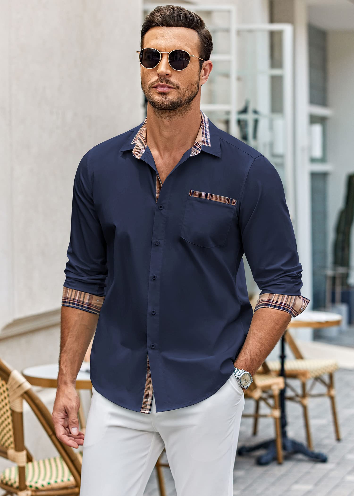 COOFANDY Men's Casual Long Sleeve Shirt Slim Fit Button Down Plaid Collar Dress Shirt Blue Large