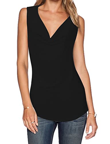 Sarin Mathews Women's Cowl Neck Ruched Sleeveless Sexy Blouse Stretch Tank Tops Black L
