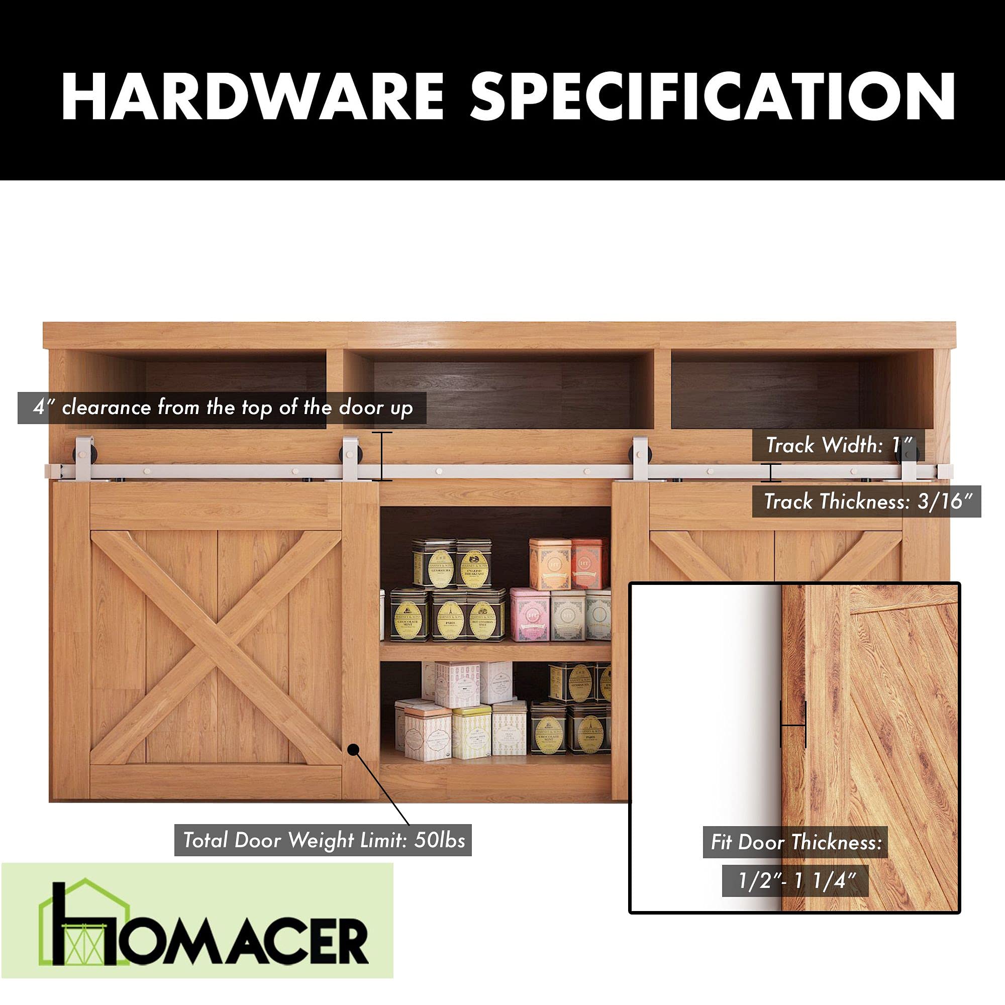 Homacer Mini Brushed Nickel Non-Bypass Sliding Barn Door Hardware Kit, for Two/Double Doors, 54-inch Long Flat Track, Bent T-Shape Design Roller, Cabinet TV Stand Console Use…