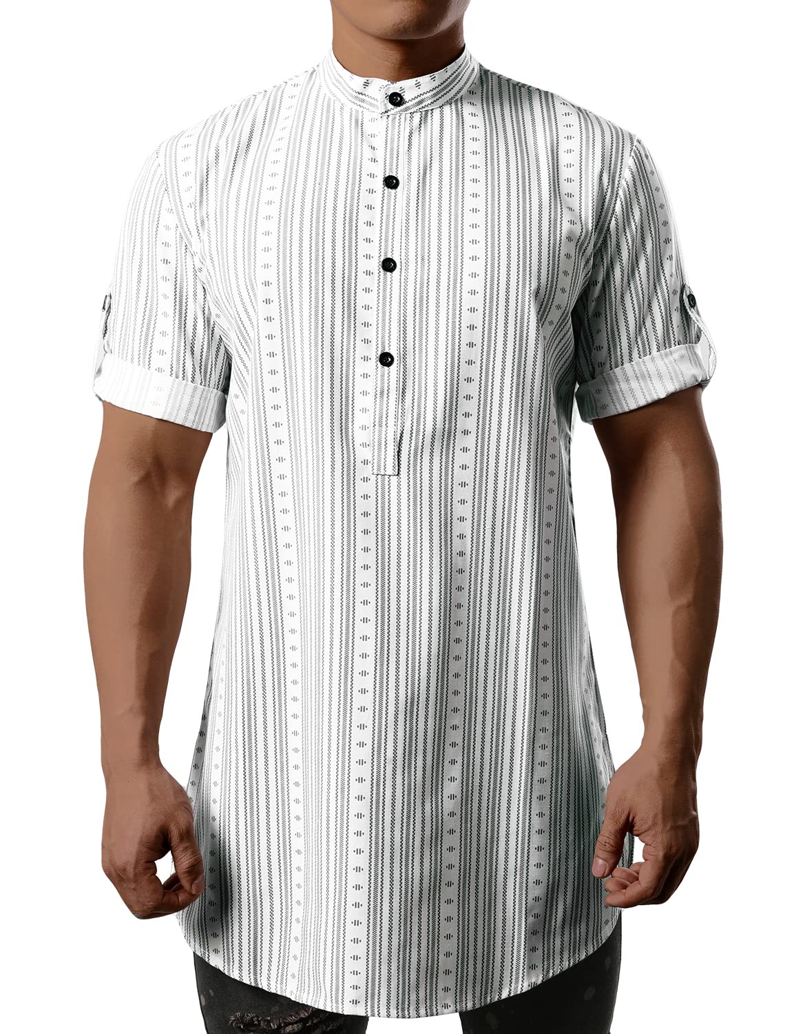 JOGAL Mens Striped Henley Shirt Short Sleeve Traditional African Style Dashiki Shirts White X-Large