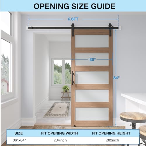 COSHOMER 36in x 84in 5-Panel Sliding Glass Barn Door with 6.6ft Hardware Kit Included, Easy Assembly with Pre-Drilled Holes, Waterproof, Frosted Glass - Fit Max Opening 34in x 82in, Natural Walnut