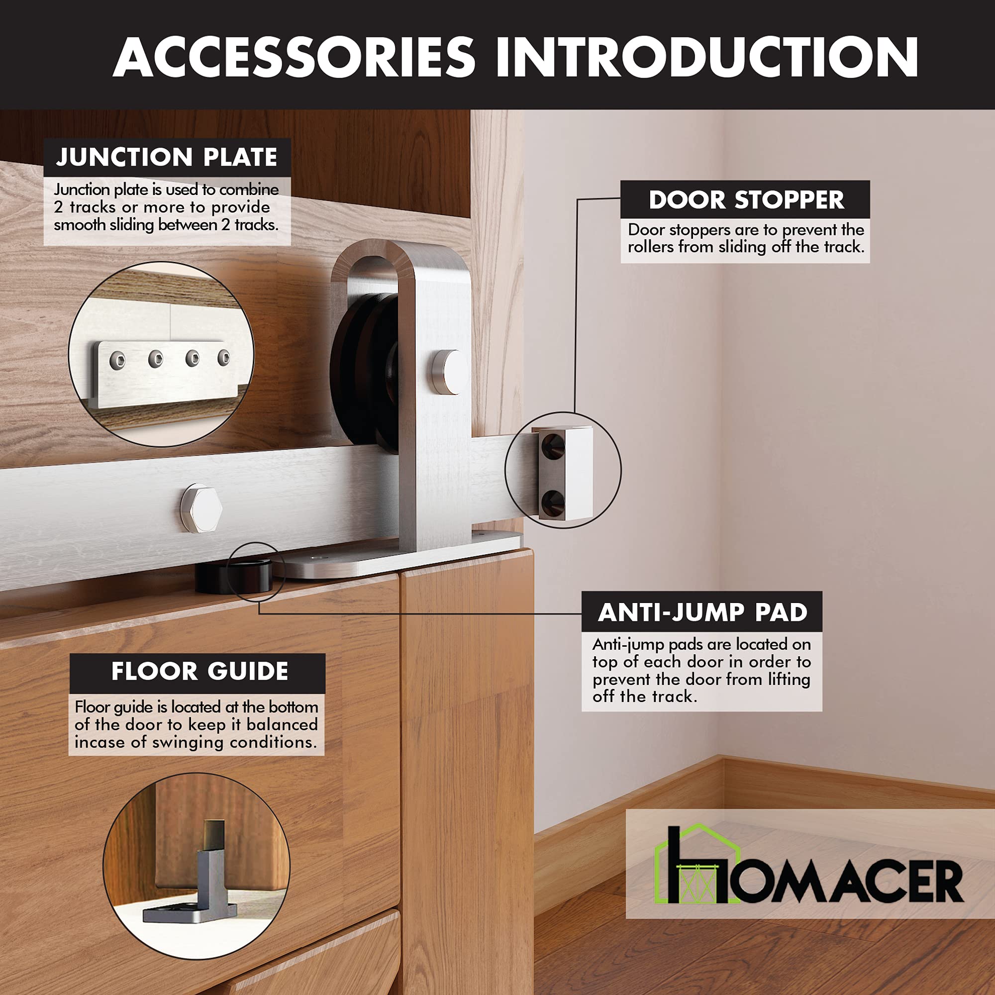 Homacer Mini Brushed Nickel Non-Bypass Sliding Barn Door Hardware Kit, for Two/Double Doors, 54-inch Long Flat Track, Bent T-Shape Design Roller, Cabinet TV Stand Console Use…