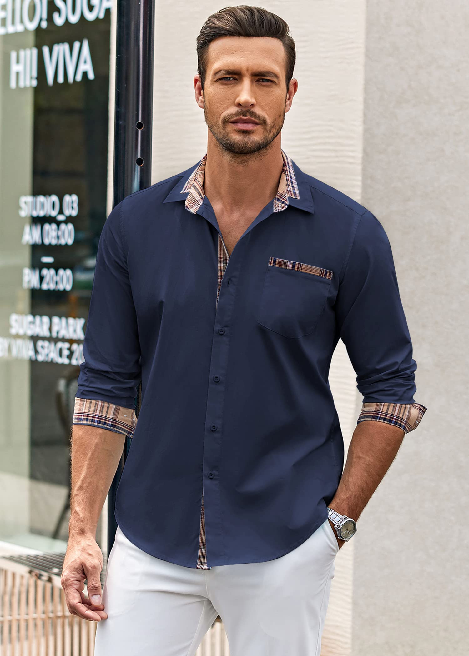 COOFANDY Men's Casual Long Sleeve Shirt Slim Fit Button Down Plaid Collar Dress Shirt Blue Large
