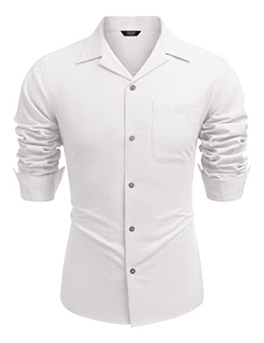 COOFANDY Men Cotton Linen Shirts Long Sleeve Cuban Collar Shirt Beach Resort Shirts White