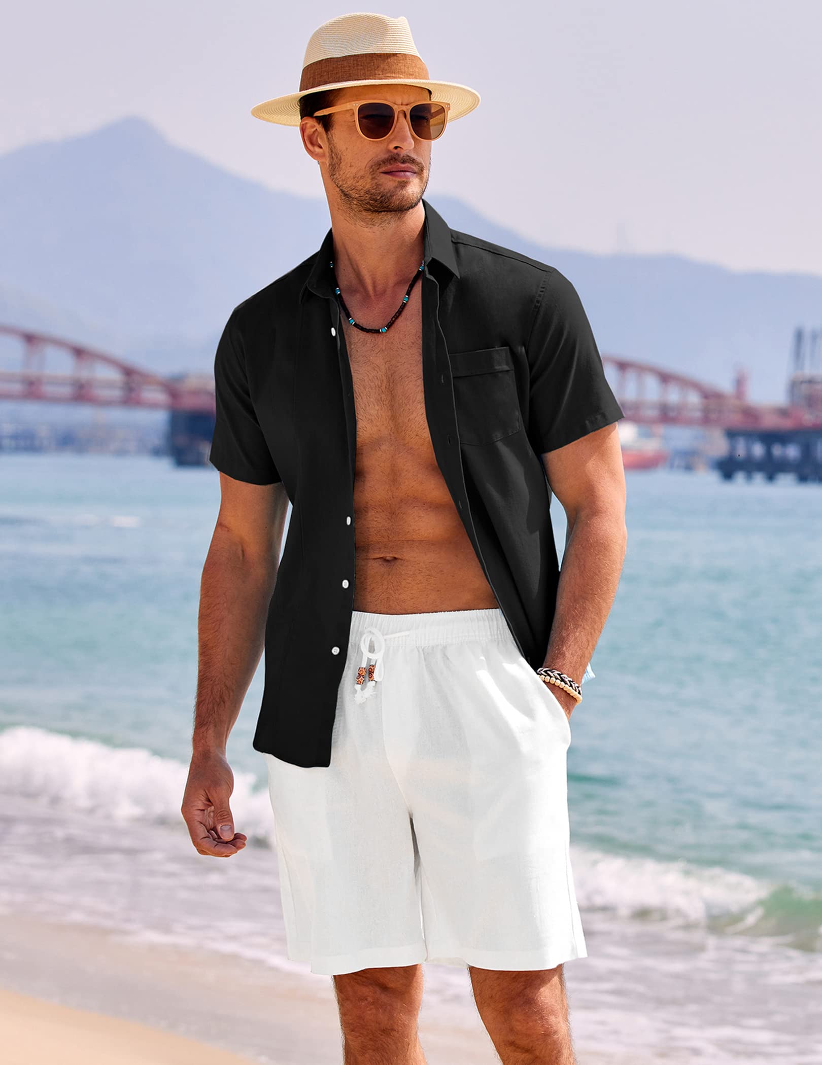 COOFANDY Mens Casual Button Down Shirts Short Sleeve Cuban Guayabera Shirt Summer Beach Top Linen Shirt Black