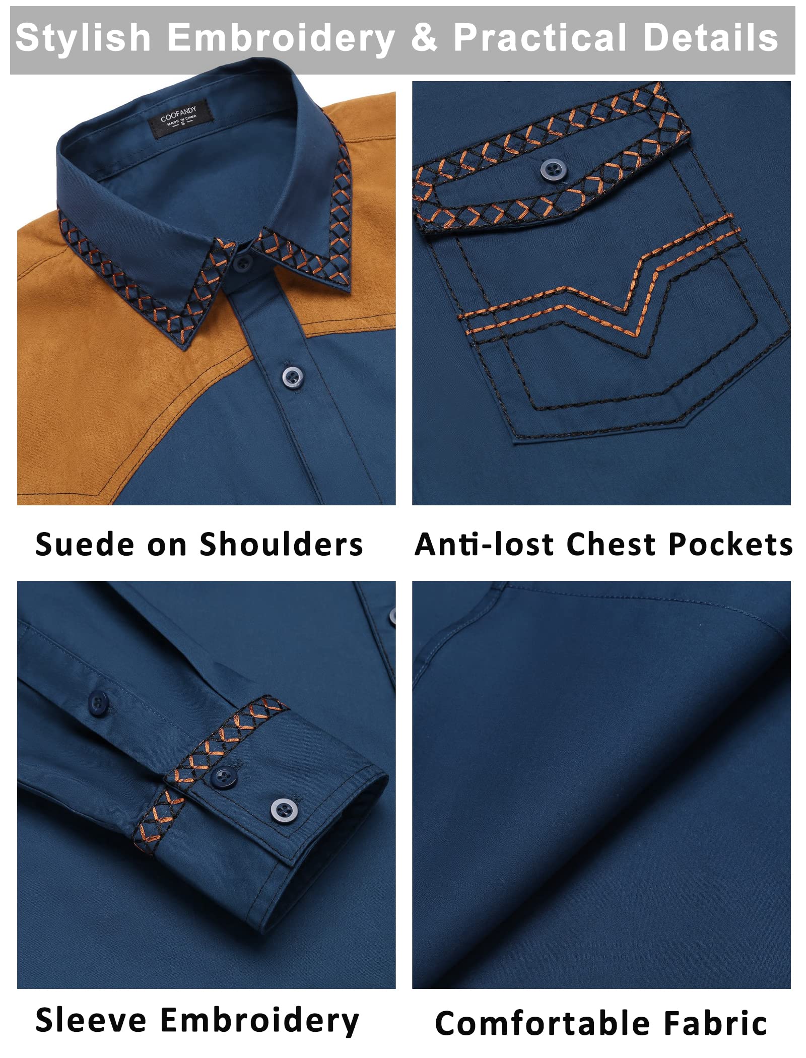 COOFANDY Mens Shirt Western Cowboy Embroidered Long Sleeve Slim Fit Casual Cotton Button Down Hippie with Pockets, Blue, Large, Long Sleeve