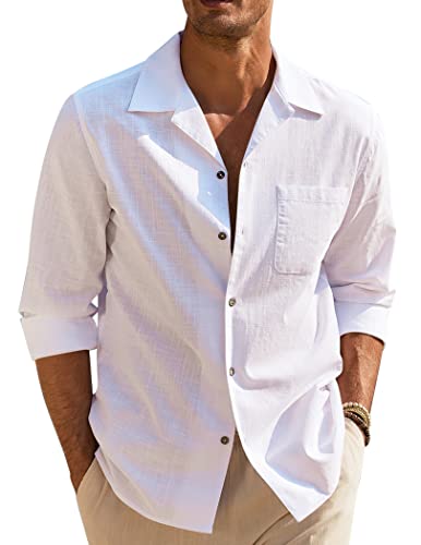 COOFANDY Men Cotton Linen Shirts Long Sleeve Cuban Collar Shirt Beach Resort Shirts White