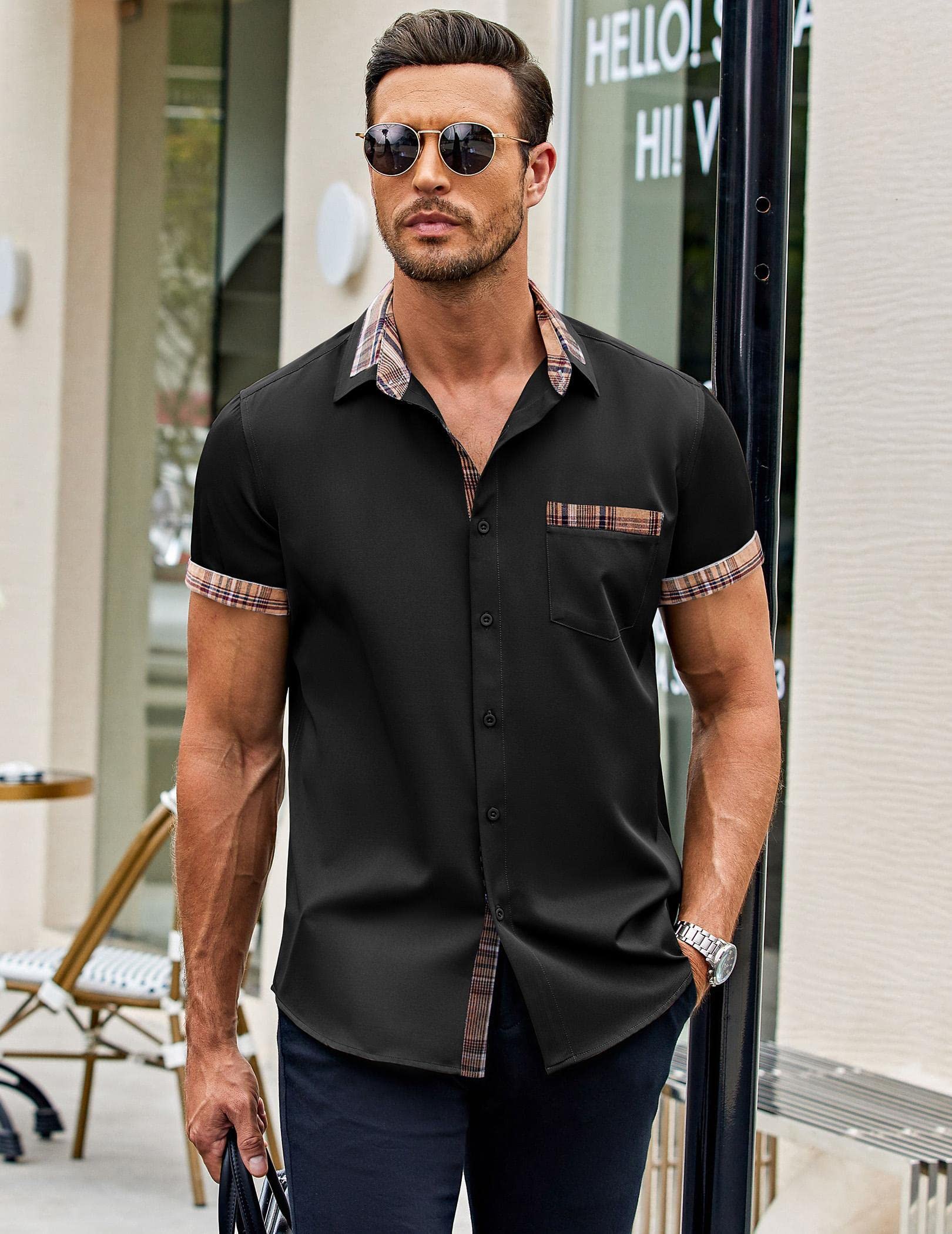 COOFANDY Men's Button Up Shirts Short Sleeve Business Casual Dress Shirts for Men Black