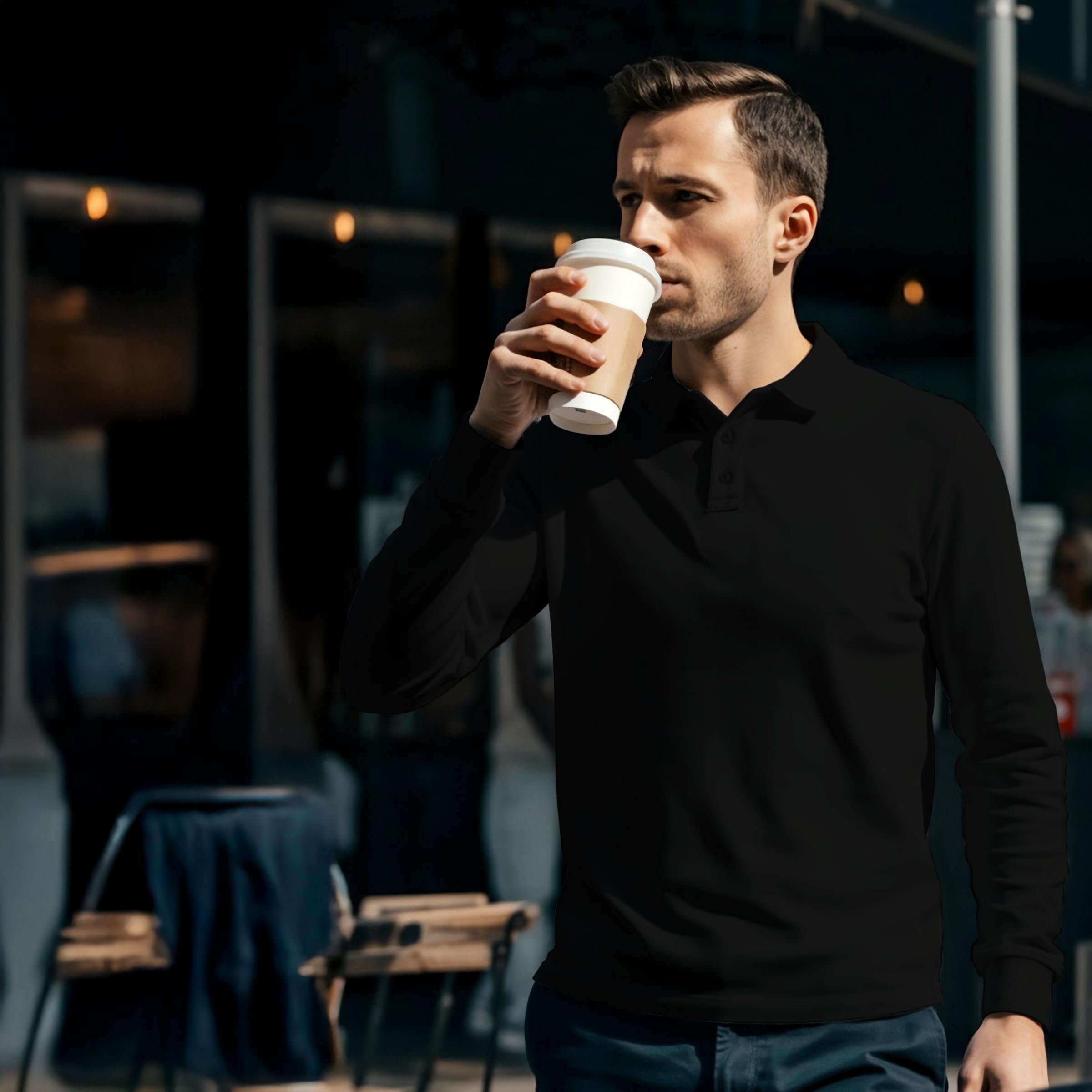 Premium Wear Long Sleeve Polo Shirt for Men, Cotton-Blend Fabric Golf Shirt with Collar, 3-Button Placket, Stain Guard, Elastic Cuffs, Side Split Hem, Casual Tennis Shirt Work & Play, Black XL