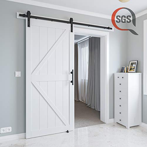 COSHOMER 36in x 84in MDF Sliding Barn Door with 6.6ft Barn Door Hardware Kit & Handle, Pre-Drilled Holes Easy Assembly -Solid Barn Door Slab Covered with Water-Proof PVC Surface, White, K-Frame