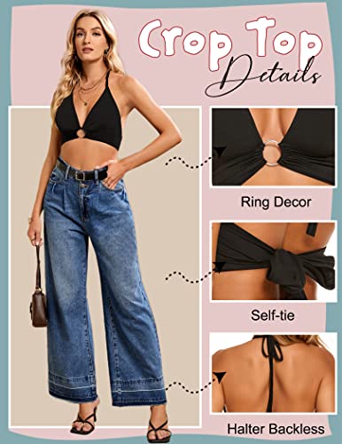 Avidlove Deep V Neck Tank Tops for Women Knot Tie Halter Backless Crop Tops Sexy Sleeveless Plunging Women Tops with Ring(Black Large)