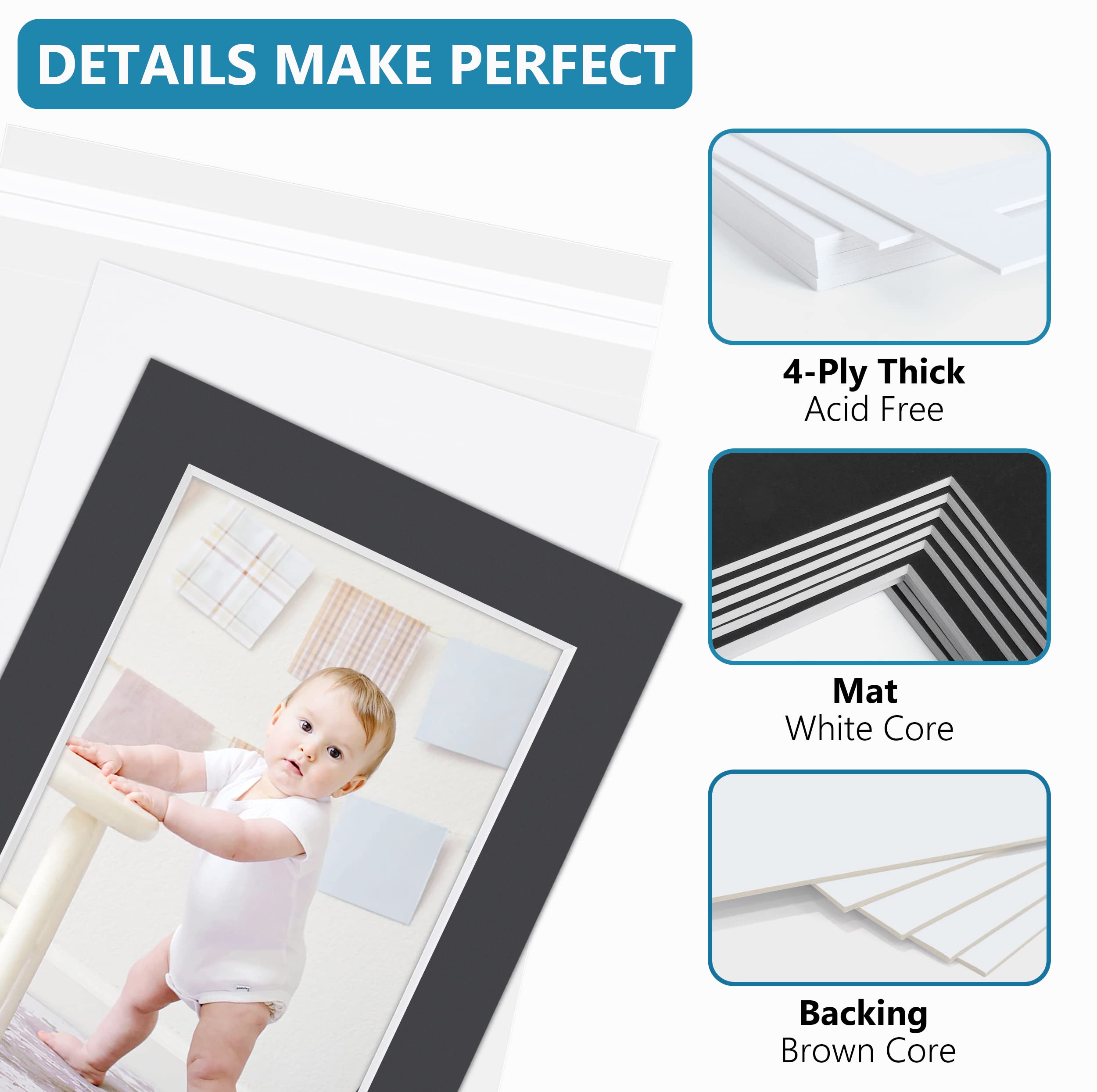 Somime 10 Pack 11x14 Black Picture Mat Kit for 8x10 Photo with White Core Bevel Cut Mattes Sets - Includes 10 Acid Free Pre Cut Mats & 10 Backings & 10 Print Sleeve Bags