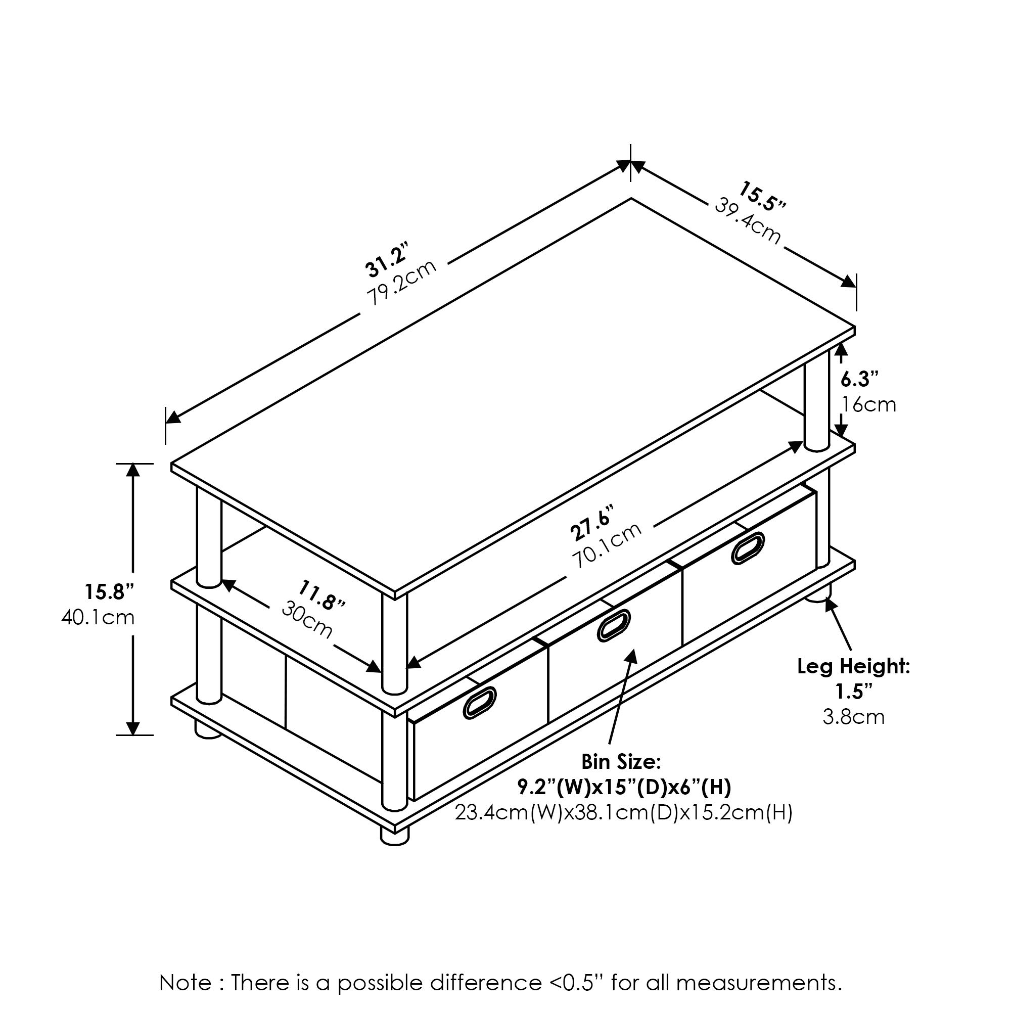 FURINNO Turn-N-Tube Coffee Table, 31.22D x 15.5W x 15.8H in, Black Oak/Black/Brown