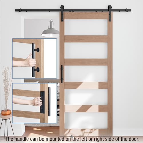 COSHOMER 36in x 84in 5-Panel Sliding Glass Barn Door with 6.6ft Hardware Kit Included, Easy Assembly with Pre-Drilled Holes, Waterproof, Frosted Glass - Fit Max Opening 34in x 82in, Natural Walnut
