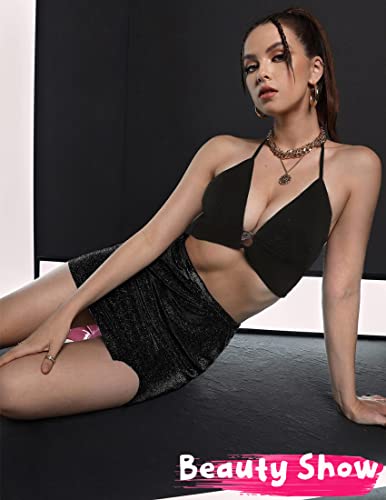 Avidlove Deep V Neck Tank Tops for Women Knot Tie Halter Backless Crop Tops Sexy Sleeveless Plunging Women Tops with Ring(Black Large)