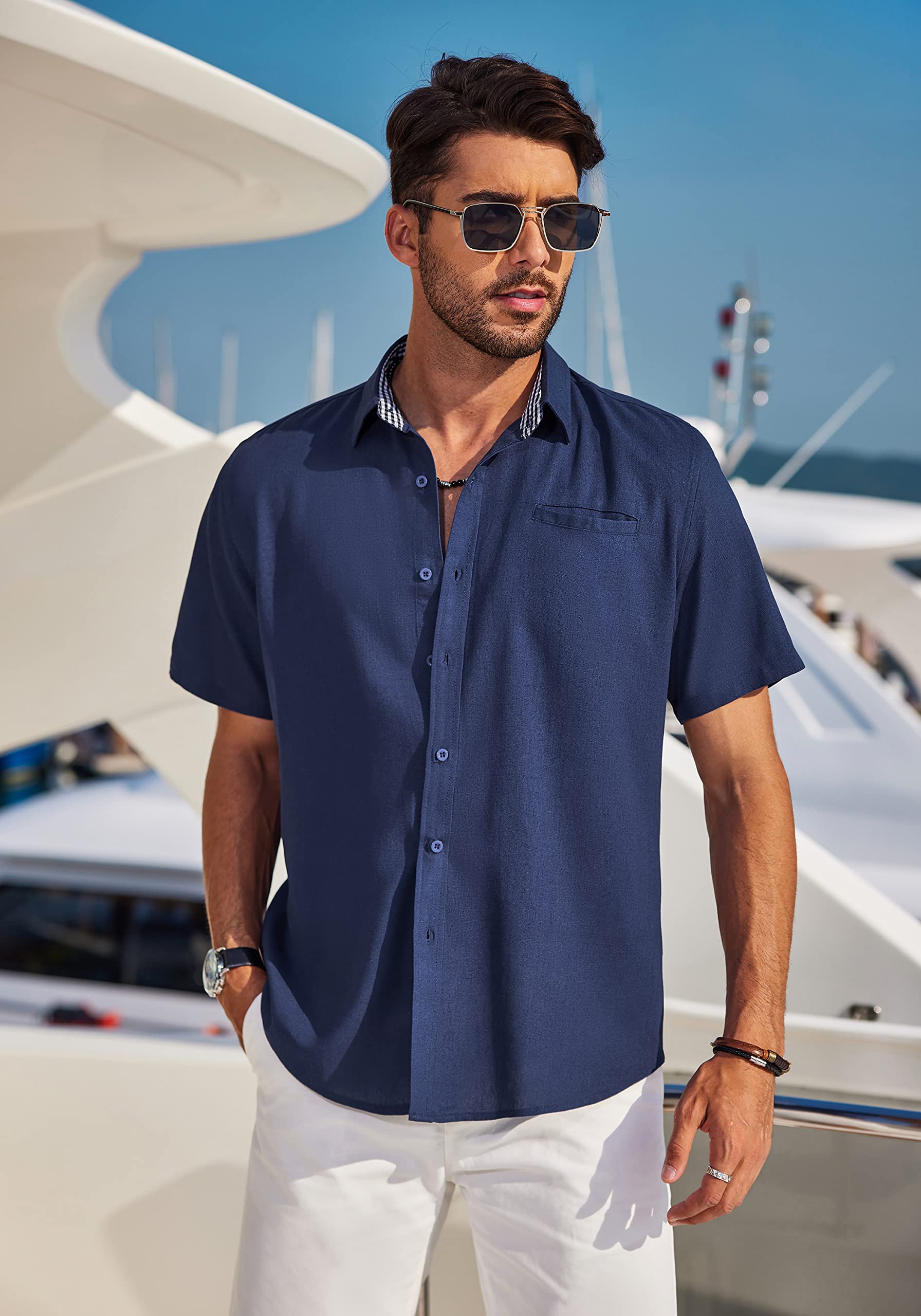 COOFANDY Mens Shirt Linen Casual Button Down Summer Beach Tops, Navy Blue, Large, Short Sleeve
