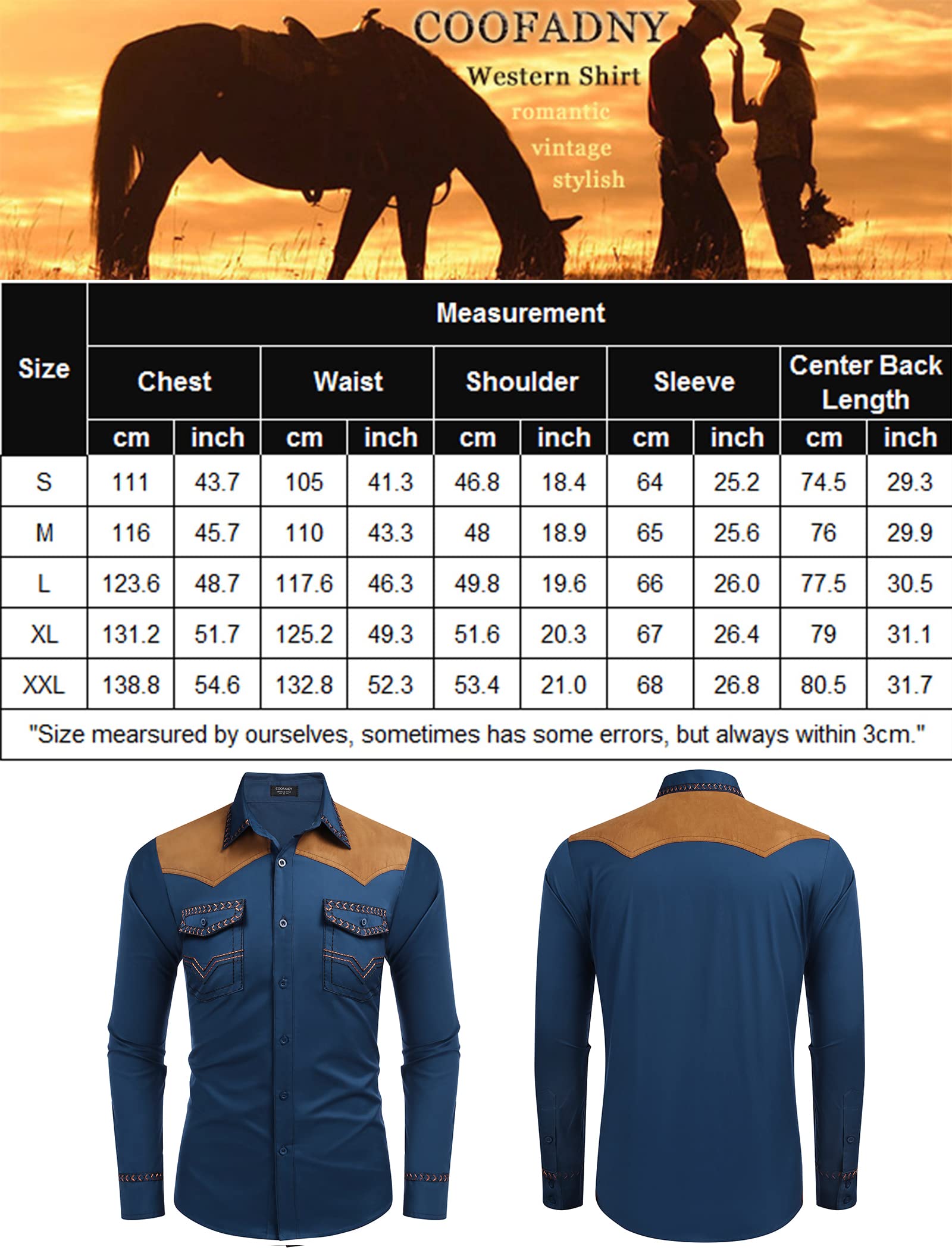 COOFANDY Mens Shirt Western Cowboy Embroidered Long Sleeve Slim Fit Casual Cotton Button Down Hippie with Pockets, Blue, Large, Long Sleeve