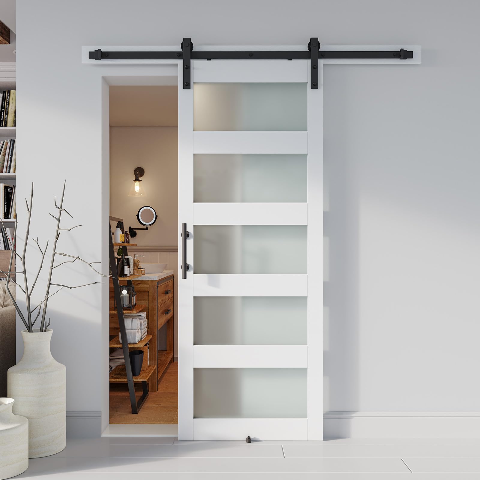 ALAMEDADT 34'' x 84'' Glass Barn Door and 6 Ft Hardware Kit Included, MDF White Barn Door Slab with Frosted Glass, PVC Surface, Combined with Handle and Floor Guide-Assembly Required, White