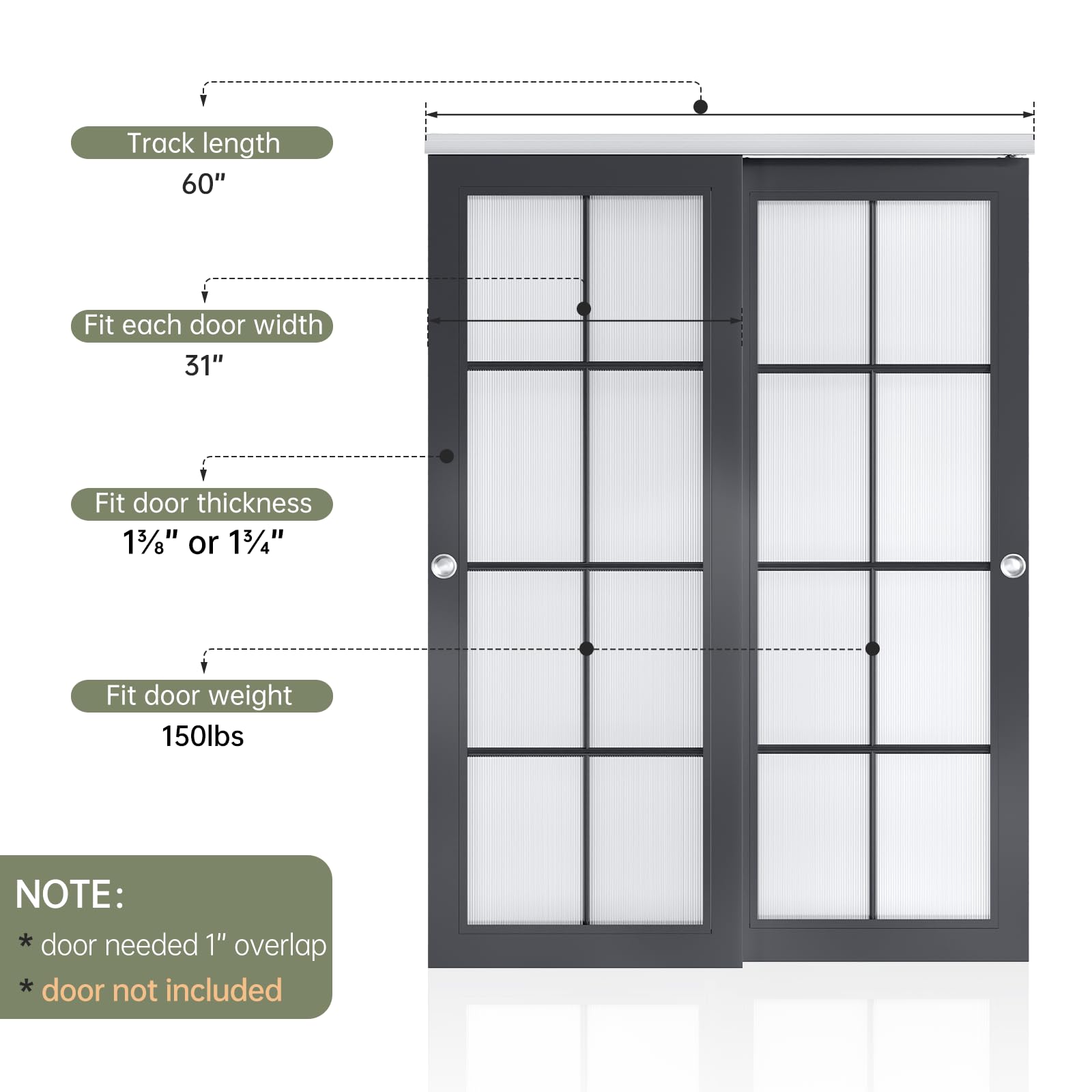 EaseLife 5FT/60in Bypass Double Sliding Pocket Door Hardware Kit,Commercial Grade,Aluminum,Bypassing Wardrobe Closet Door Track for 2 Door System,Slide Smoothly Quietly,Easy Install,No Doors