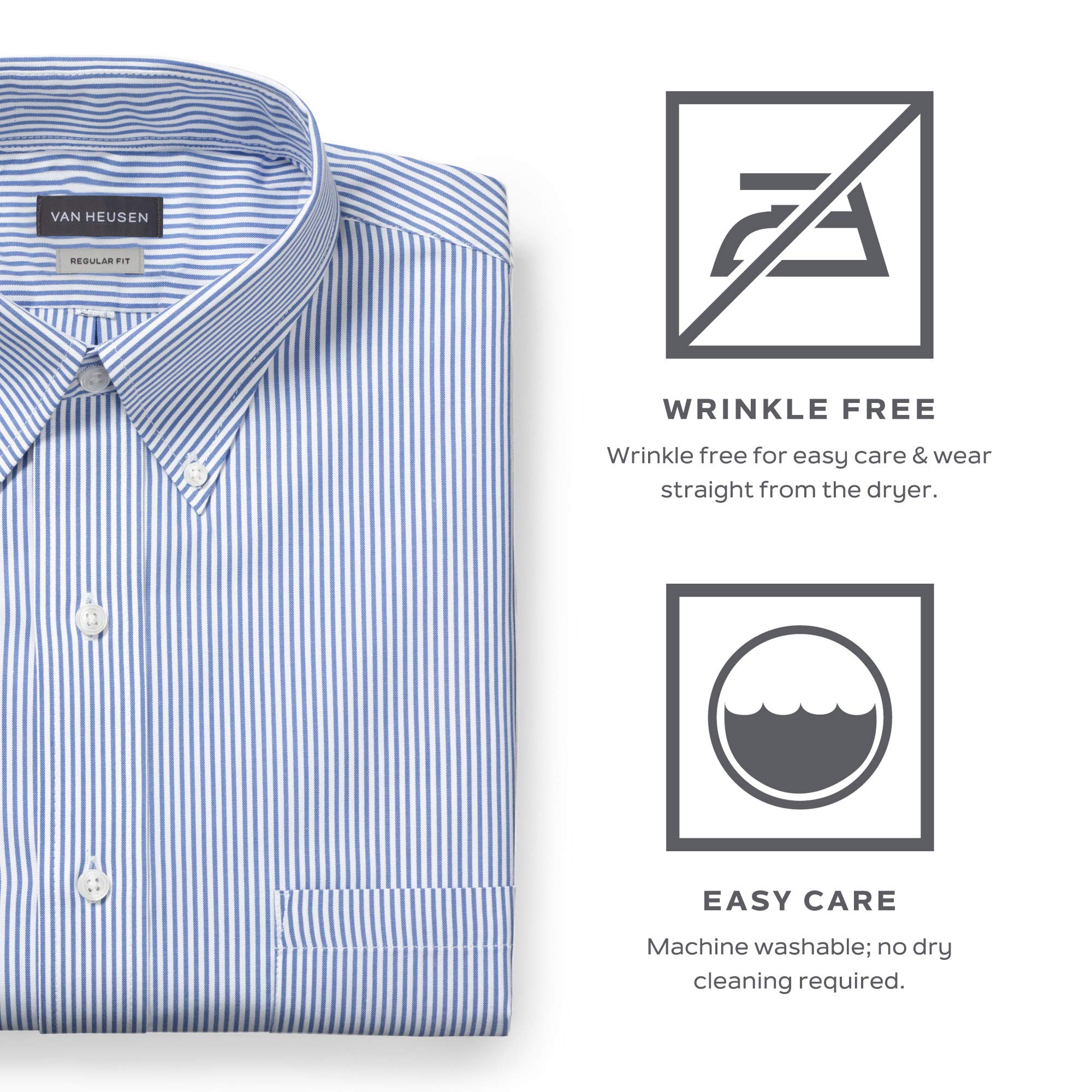 Van Heusen Men's Pinpoint Regular Fit Stripe Button Down Collar Dress Shirt, Blue, 17" Neck 34"-35" Sleeve