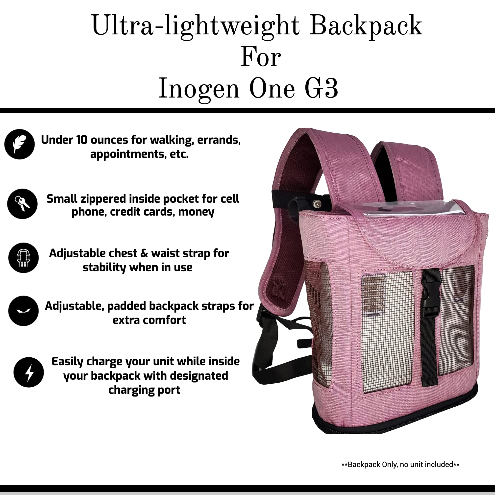 O2TOTES Ultra Lightweight Backpack For Inogen One G3 Unit (Patented Design) (Burgundy) FITS ONLY: INOGEN ONE G3 UNITS: IS-300 OR, IO-300