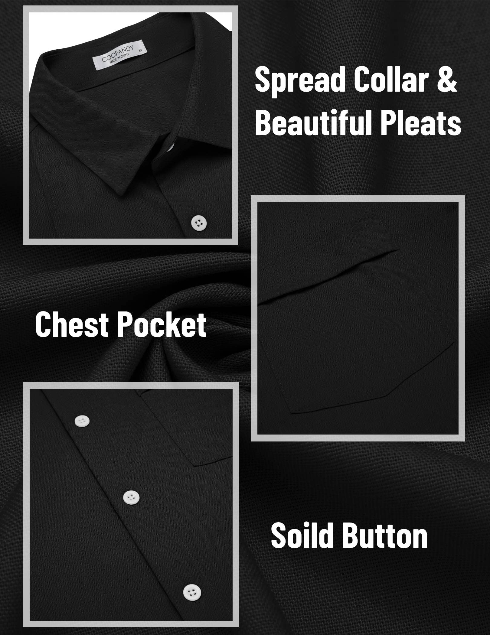 COOFANDY Mens Casual Button Down Shirts Short Sleeve Cuban Guayabera Shirt Summer Beach Top Linen Shirt Black