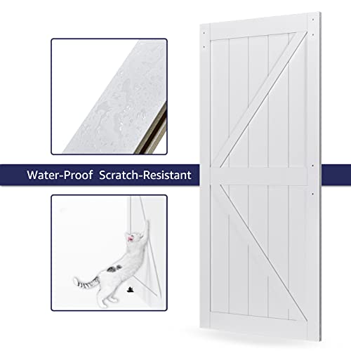 COSHOMER 36in x 84in MDF Sliding Barn Door with 6.6ft Barn Door Hardware Kit & Handle, Pre-Drilled Holes Easy Assembly -Solid Barn Door Slab Covered with Water-Proof PVC Surface, White, K-Frame