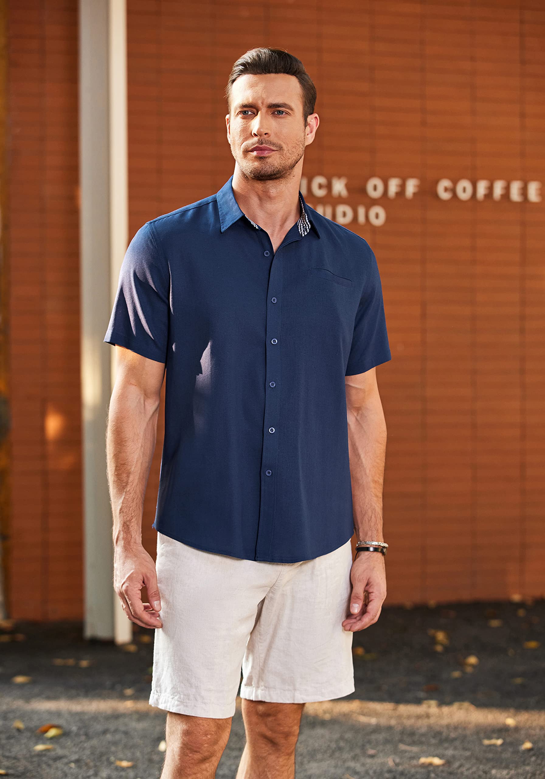 COOFANDY Mens Shirt Linen Casual Button Down Summer Beach Tops, Navy Blue, Large, Short Sleeve
