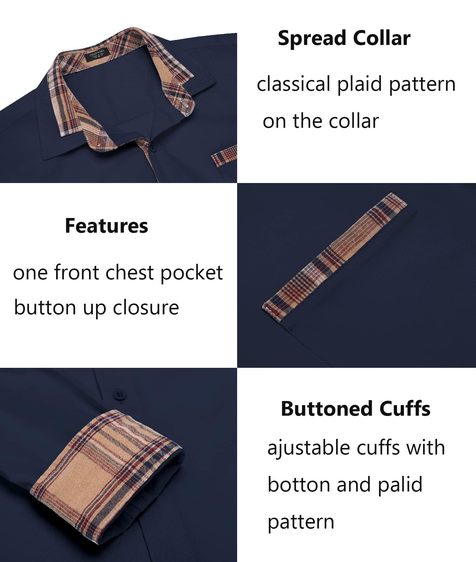 COOFANDY Men's Casual Long Sleeve Shirt Slim Fit Button Down Plaid Collar Dress Shirt Blue Large