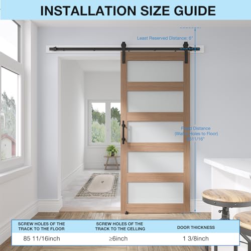 COSHOMER 36in x 84in 5-Panel Sliding Glass Barn Door with 6.6ft Hardware Kit Included, Easy Assembly with Pre-Drilled Holes, Waterproof, Frosted Glass - Fit Max Opening 34in x 82in, Natural Walnut