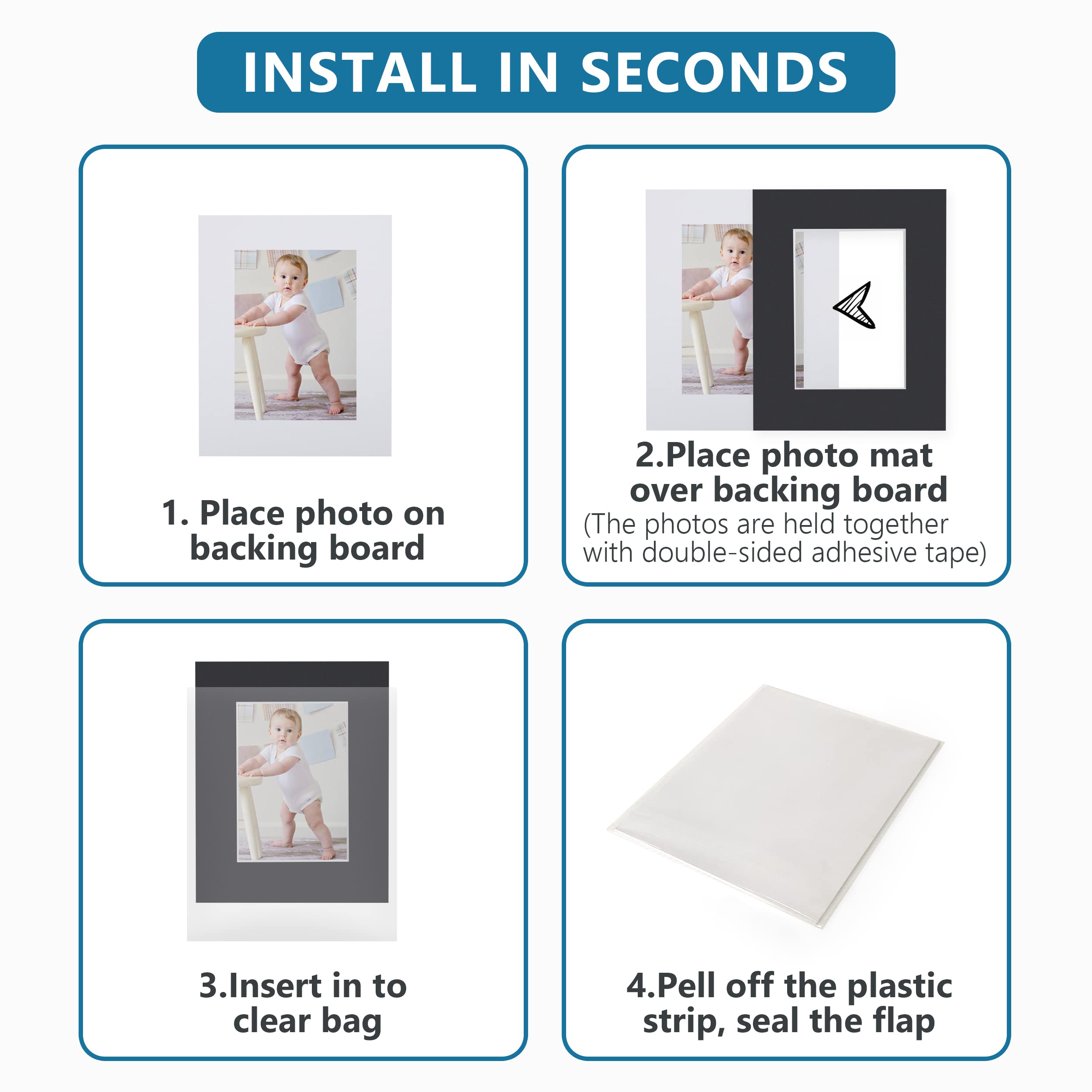 Somime 10 Pack 11x14 Black Picture Mat Kit for 8x10 Photo with White Core Bevel Cut Mattes Sets - Includes 10 Acid Free Pre Cut Mats & 10 Backings & 10 Print Sleeve Bags
