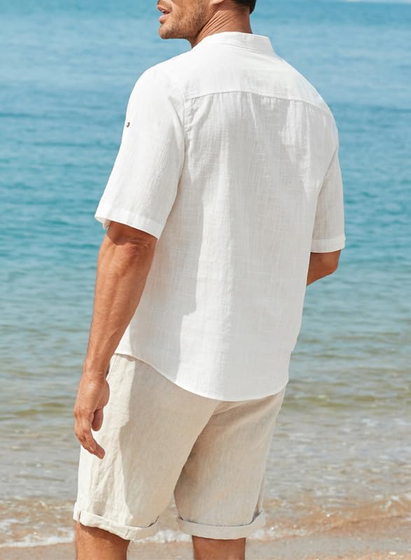 JMIERR Mens Casual Cotton Linen Texture Henley Shirt Short Sleeve Button Down Shirt Summer Beach Tropical Cruise Shirts US 43(L) White