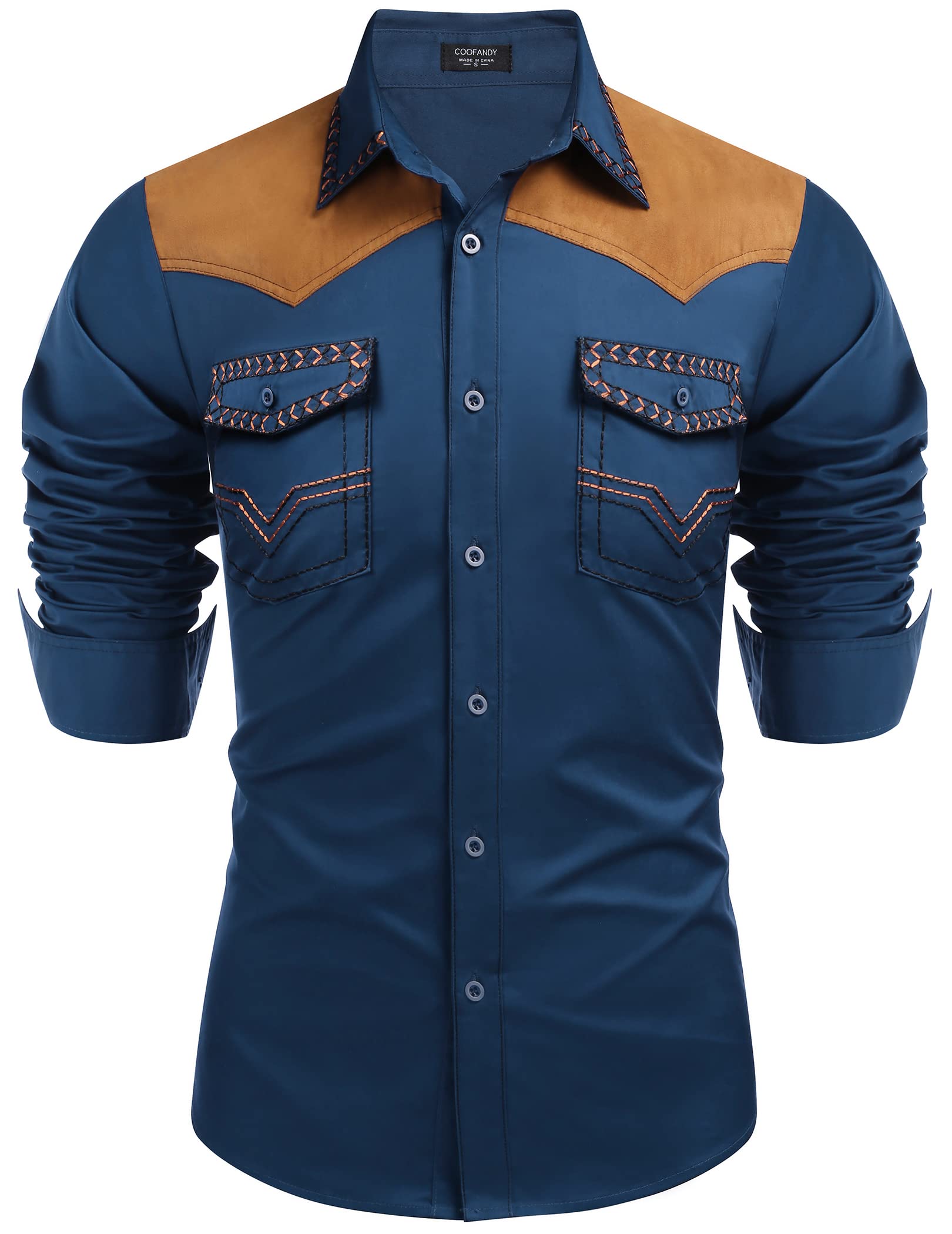 COOFANDY Mens Shirt Western Cowboy Embroidered Long Sleeve Slim Fit Casual Cotton Button Down Hippie with Pockets, Blue, Large, Long Sleeve