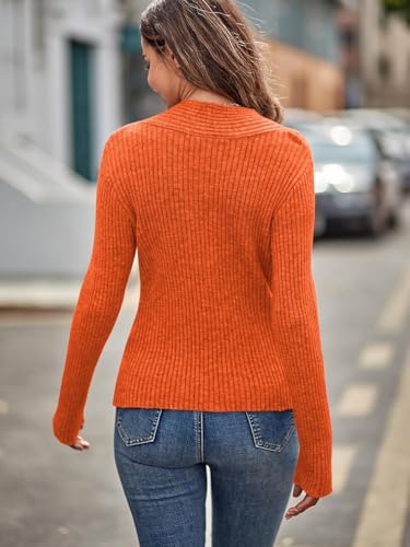 ZAFUL Women's Criss Cross V Neck Sweaters 2024 Fall Front Slit Ribbed Knit Pullover Sweater Jumper Tops Orange
