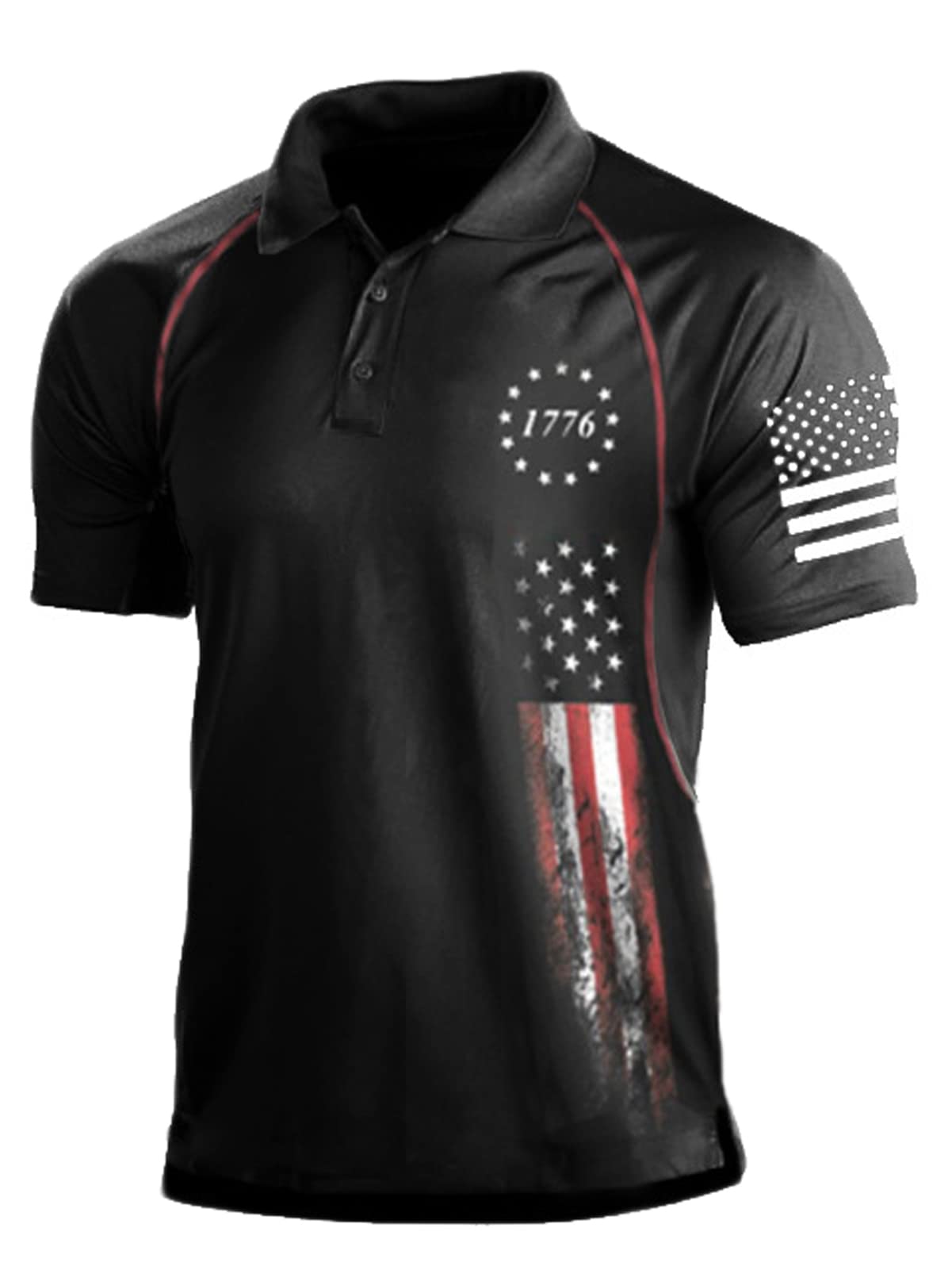 HARGLESMAN Men's Quick Dry Performance Short Sleeve Tactical Patriotic Polo T Shirt Tops Summer 1776 Printed Sports Casual Tees for Golf Tennis Paintball Activewear Black L