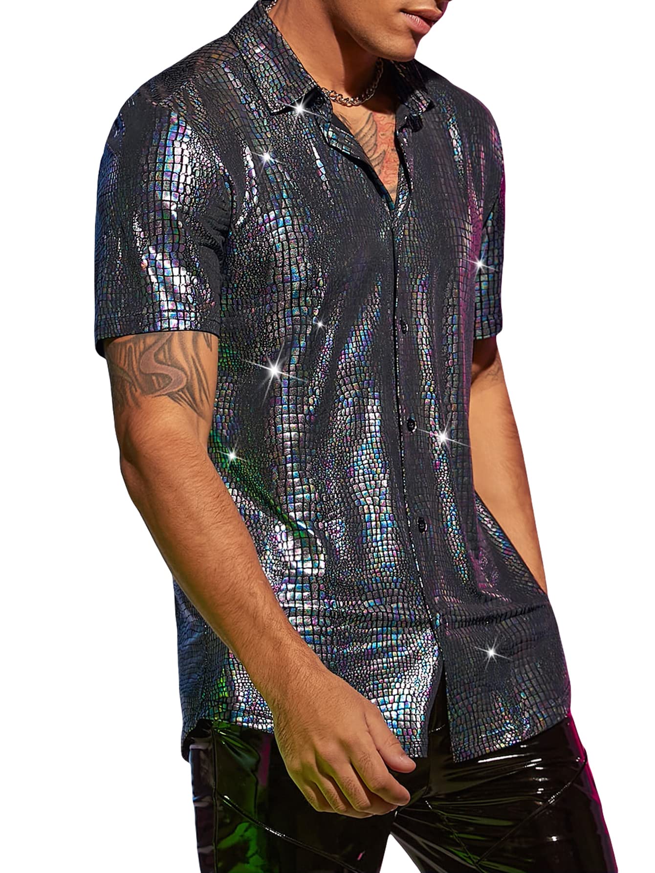 WDIRARA Men's 70s Sparkly Disco Top Crocodile Pattern Metallic Rave Button Front Shirt Short Sleeve Party T Shirt