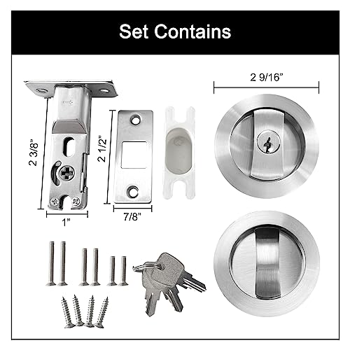 Round Pocket Door Lock with Keys - Recessed 2 Sided Handle Hardware for Privacy Barn Door and Sliding Door with Latch - Fits 1 3/8” to 2 3/16” Thickness Door (1 Pack, Sliver-Entry)