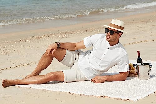 JMIERR Mens Casual Cotton Linen Texture Henley Shirt Short Sleeve Button Down Shirt Summer Beach Tropical Cruise Shirts US 43(L) White