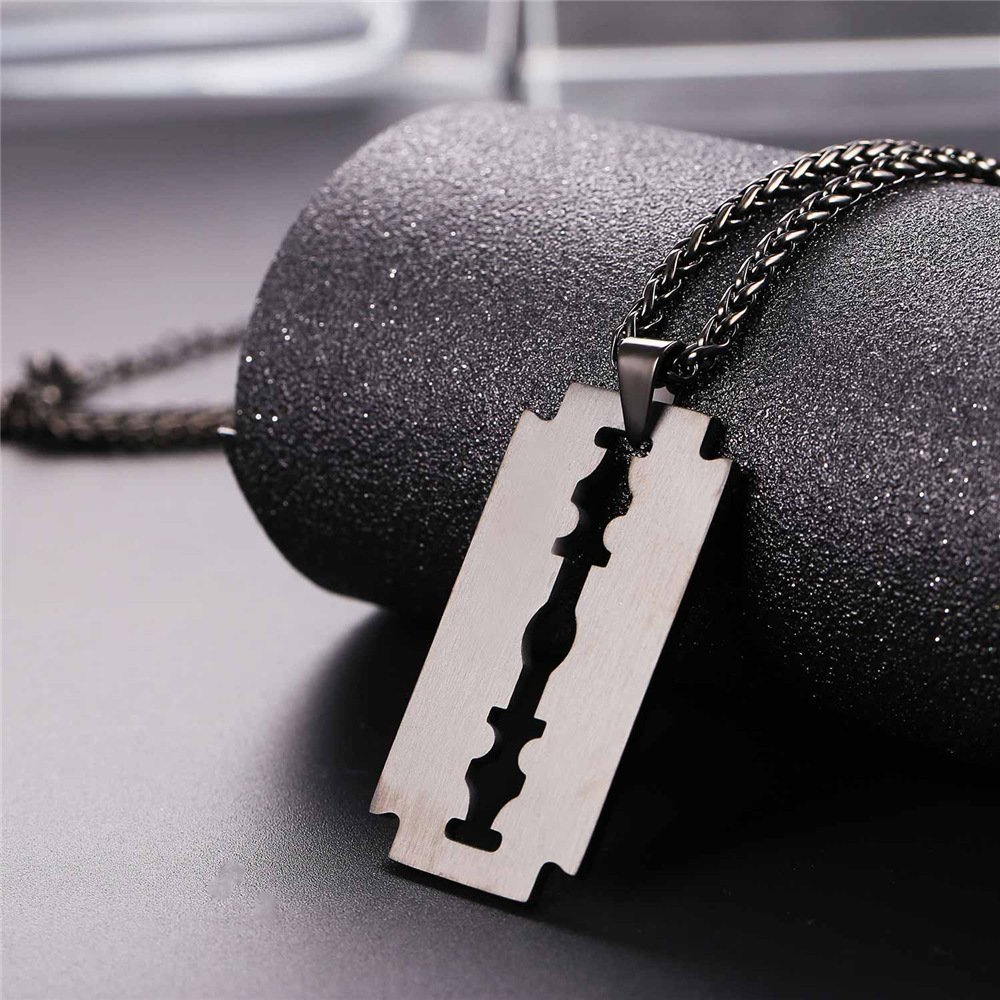 U7 Punk Jewelry Edgy Necklace with Black Wheat Rope Chain Ion Plating Black Men Razor Blade Pendant