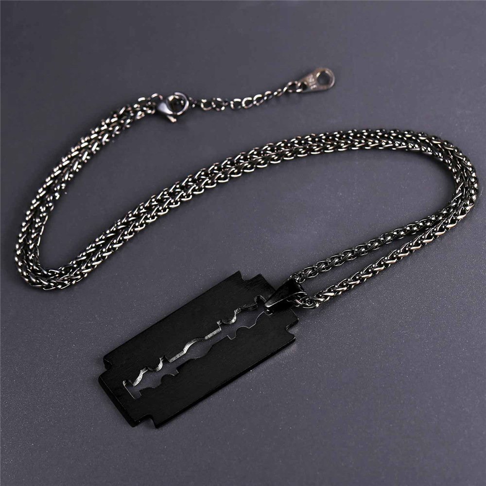 U7 Punk Jewelry Edgy Necklace with Black Wheat Rope Chain Ion Plating Black Men Razor Blade Pendant