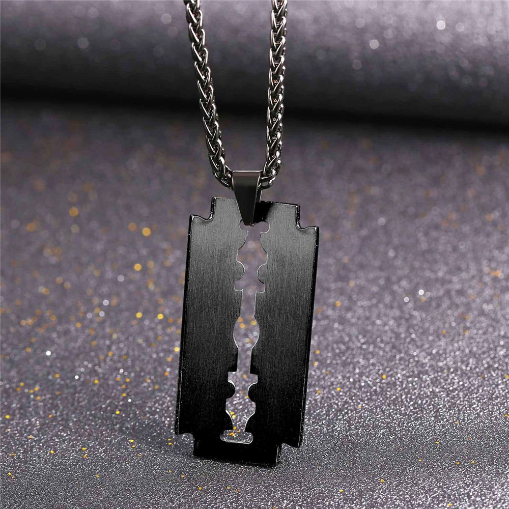 U7 Punk Jewelry Edgy Necklace with Black Wheat Rope Chain Ion Plating Black Men Razor Blade Pendant