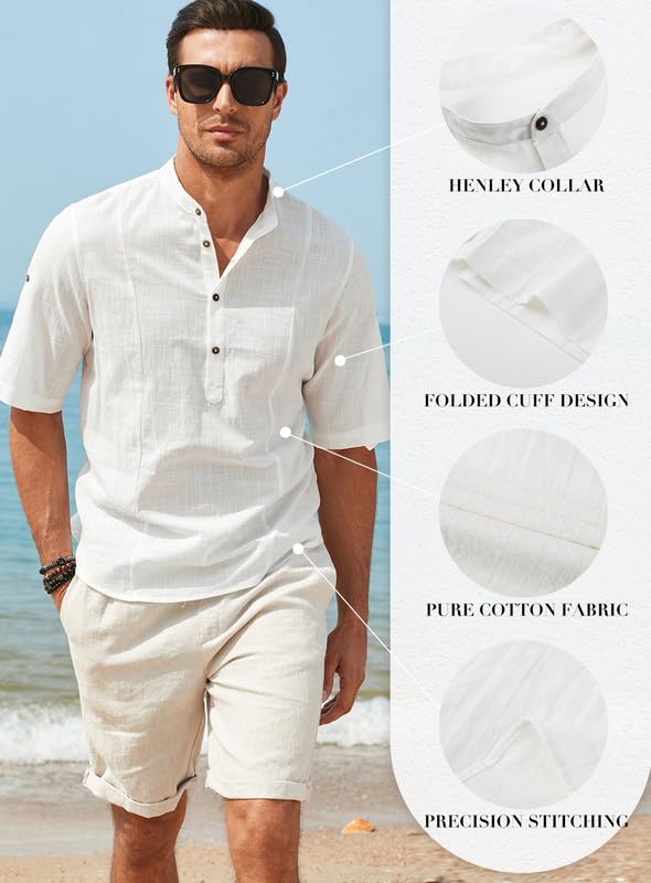 JMIERR Mens Casual Cotton Linen Texture Henley Shirt Short Sleeve Button Down Shirt Summer Beach Tropical Cruise Shirts US 43(L) White
