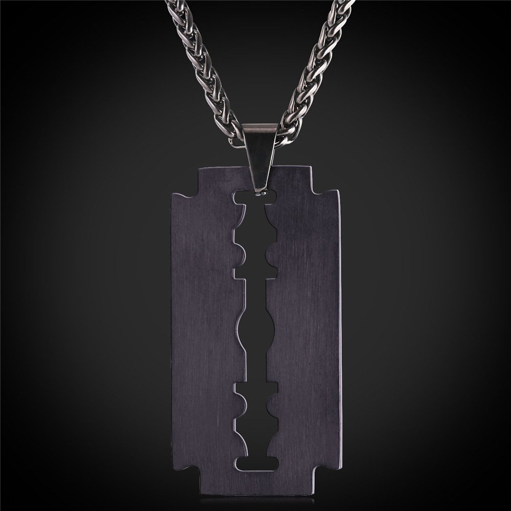 U7 Punk Jewelry Edgy Necklace with Black Wheat Rope Chain Ion Plating Black Men Razor Blade Pendant