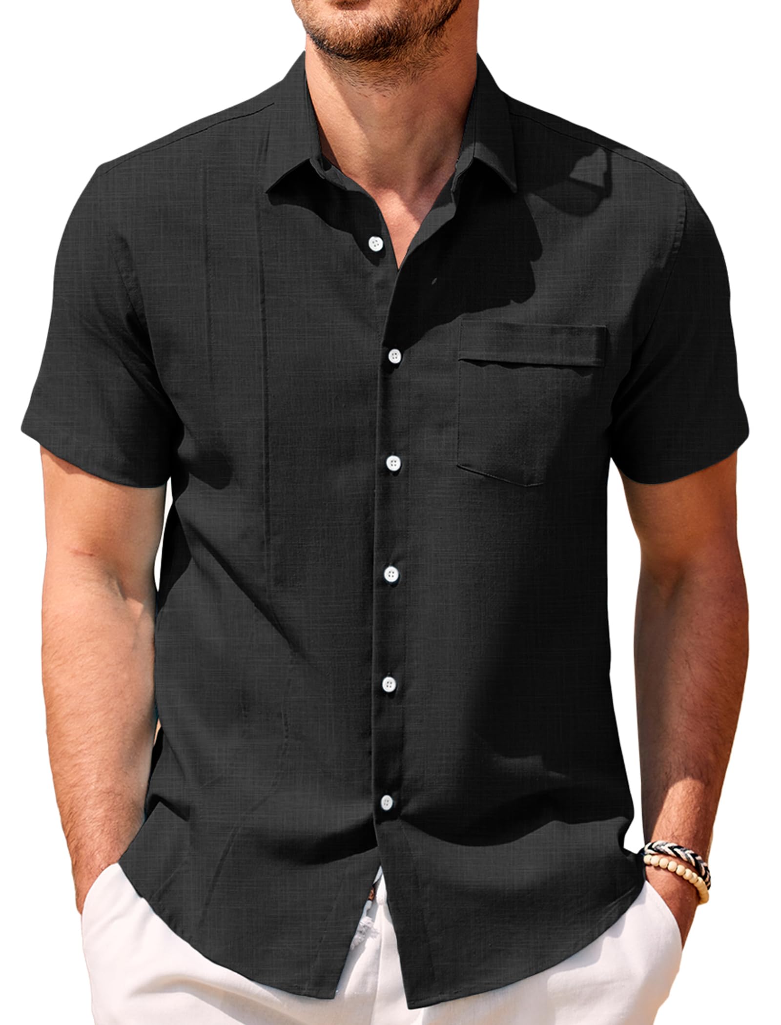 COOFANDY Mens Casual Button Down Shirts Short Sleeve Cuban Guayabera Shirt Summer Beach Top Linen Shirt Black