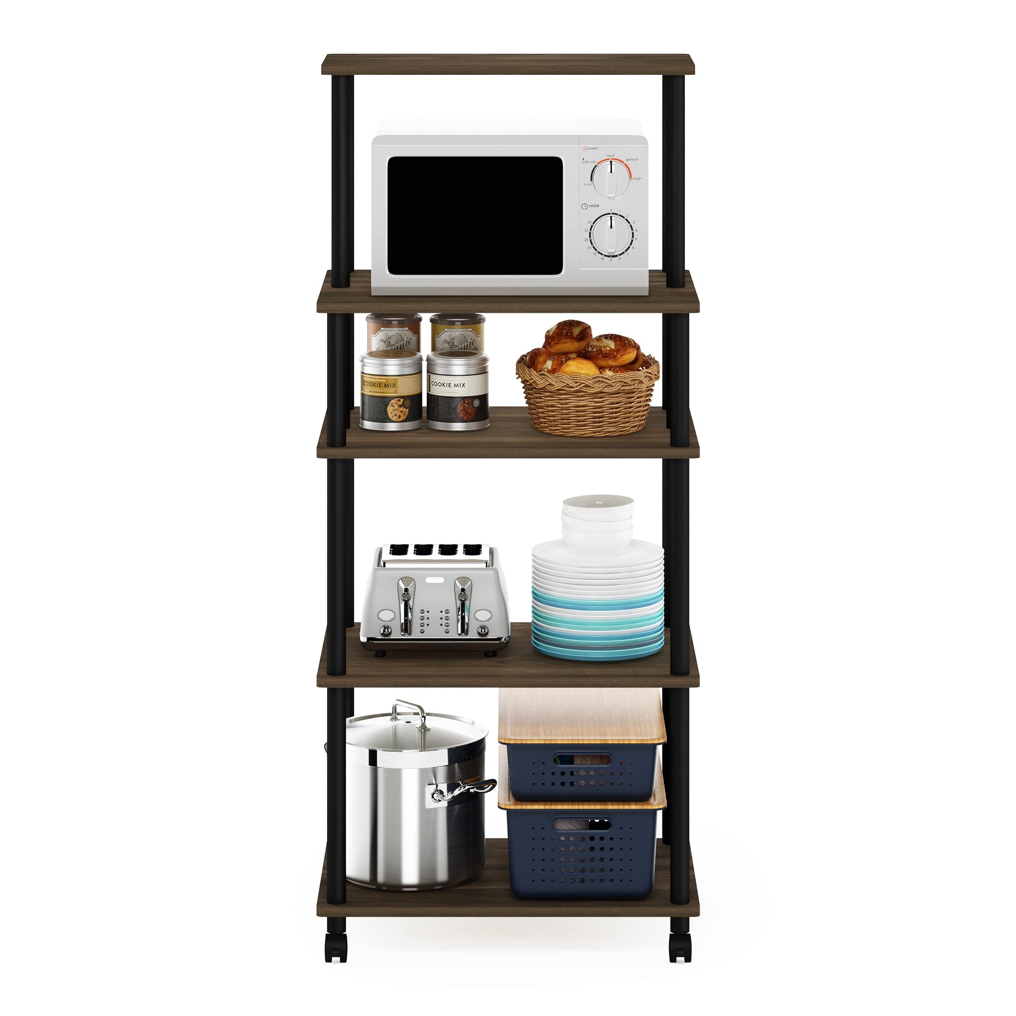 Furinno Turn-N-Tube 5-Tier Toolless Kitchen Storage Cart with Lockable Wheels, Columbia Walnut/Black